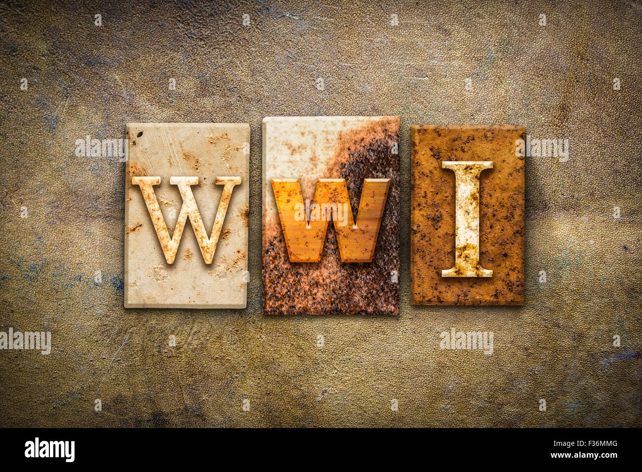 The word "WWI" written in rusty metal letterpress type on an old aged ...