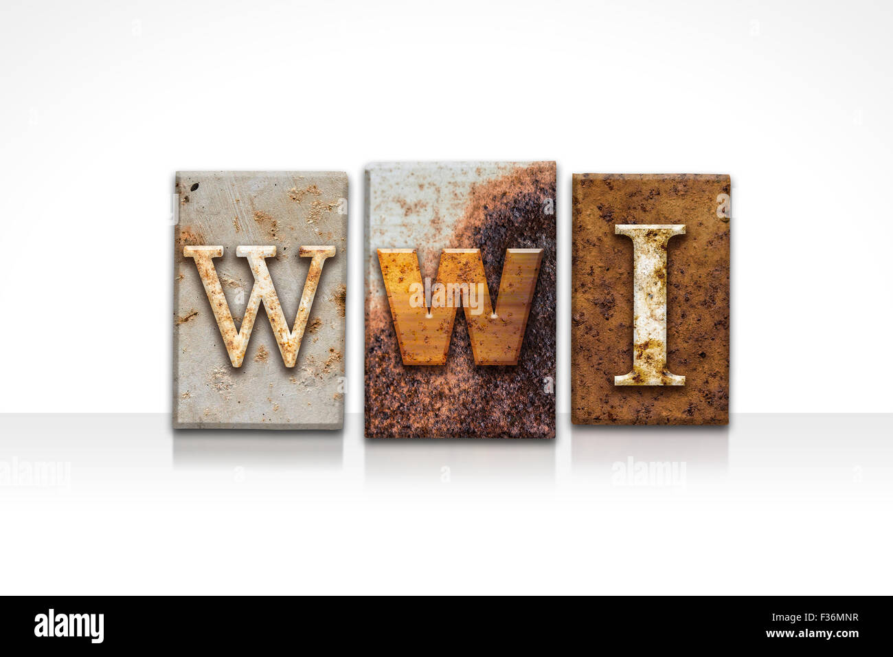 The word "WWI" written in rusty metal letterpress type isolated on a ...