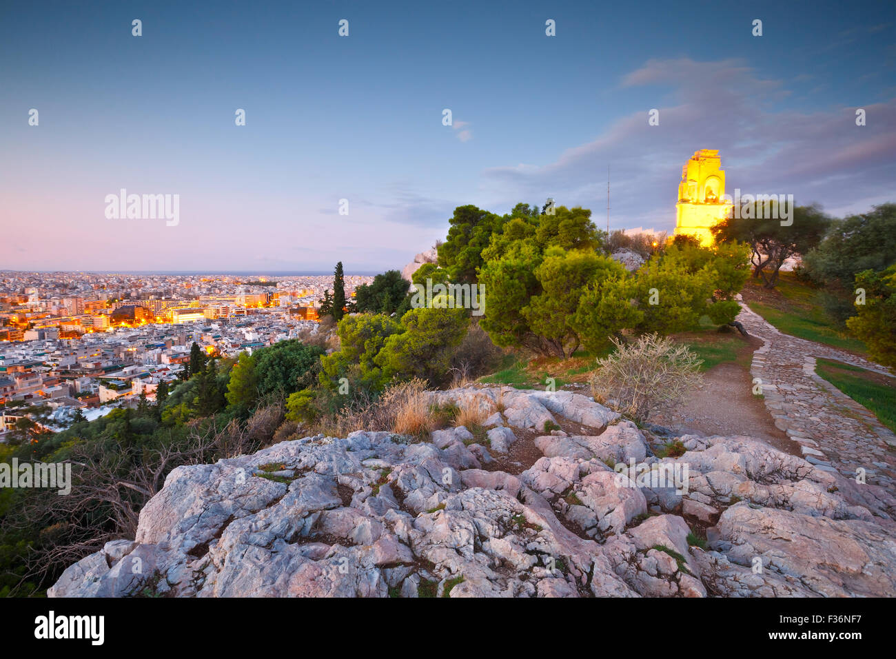 Philopappos Monument and view of Athens from Filopappou hill, Greece ...