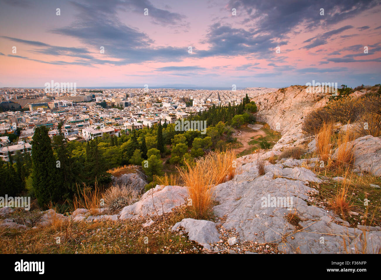 Morning view of Athens from Filopappou hill, Greece Stock Photo - Alamy