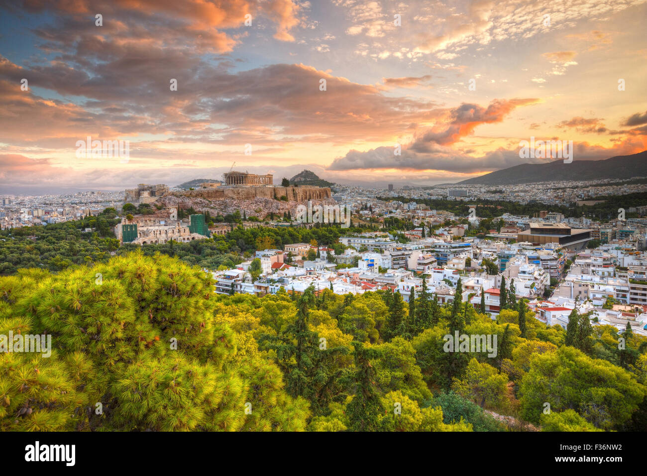 Morning view of Acropolis from Filopappou hill in centre of Athens ...
