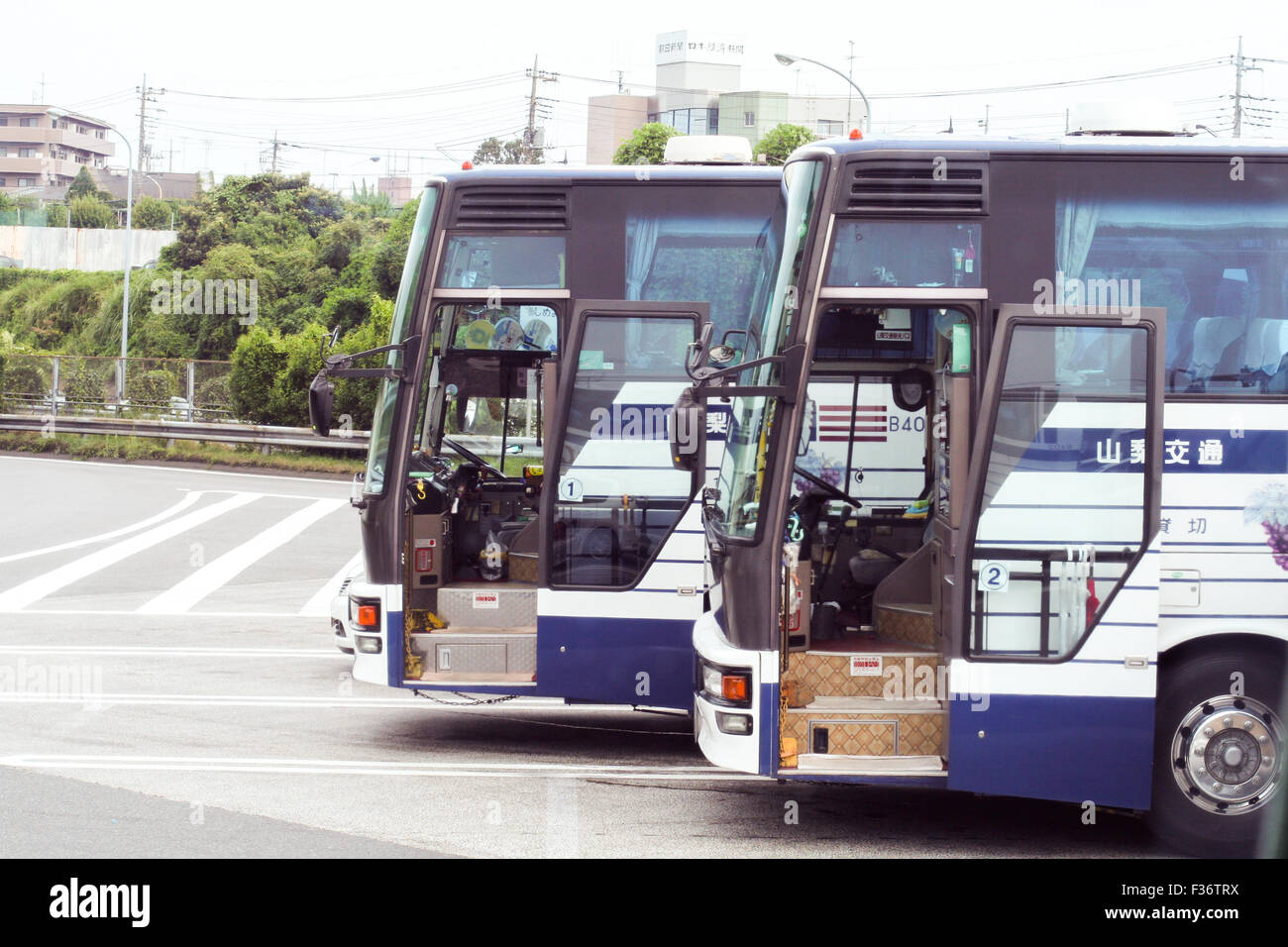Two blue and white buses with doors open Stock Photo - Alamy
