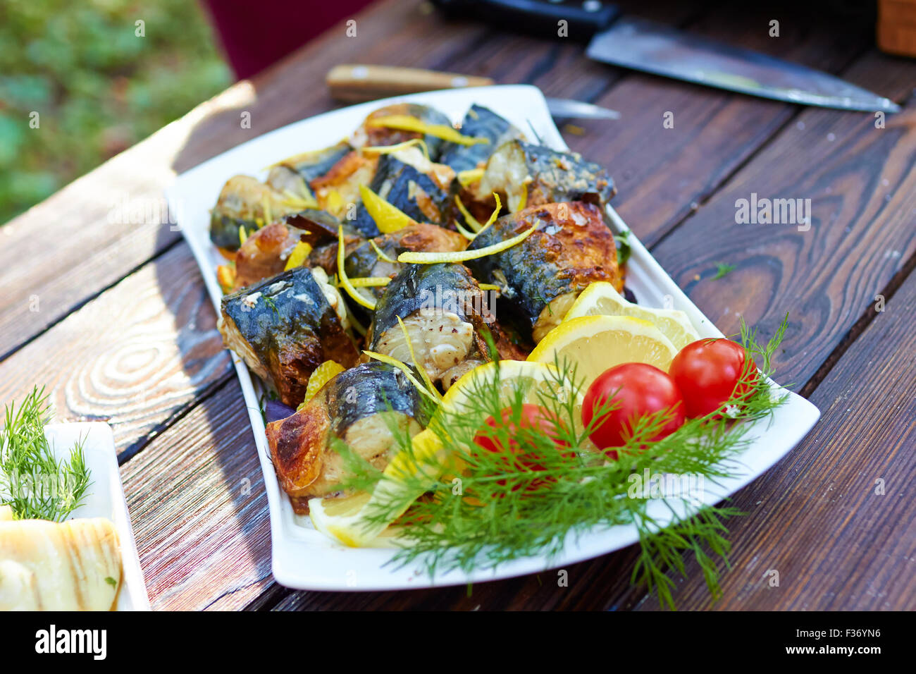 fish roasted on the fire with fresh tomatoes, lemon and dill Stock ...