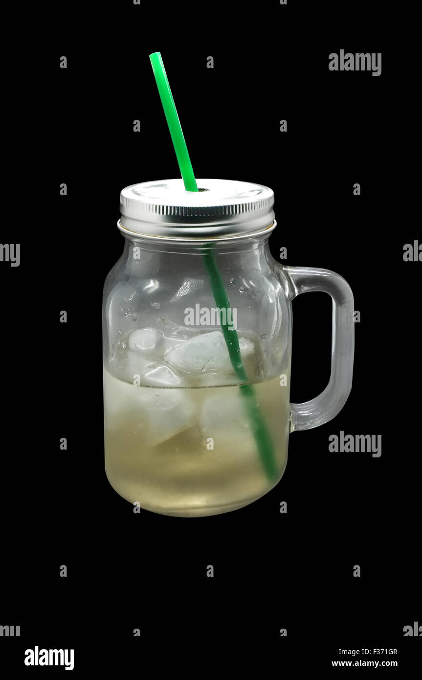 Ice beverage in glass mug with metal lid Stock Photo - Alamy