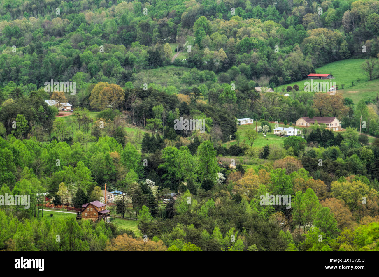 Aerial View of a small town in the Great Smoky Mountains in Tennessee ...
