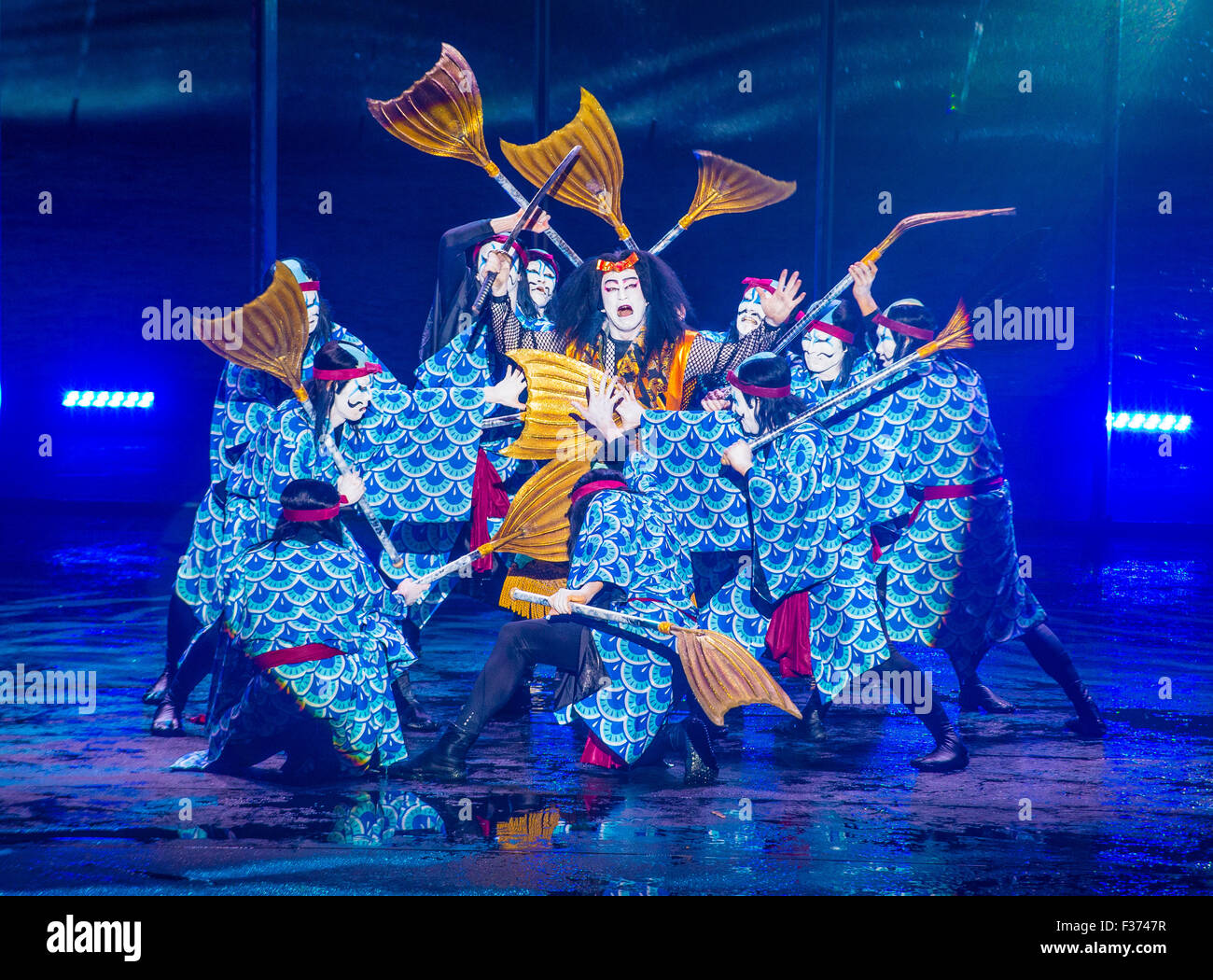 Traditional Japanese Kabuki performance in front of the Bellagio hotel ...