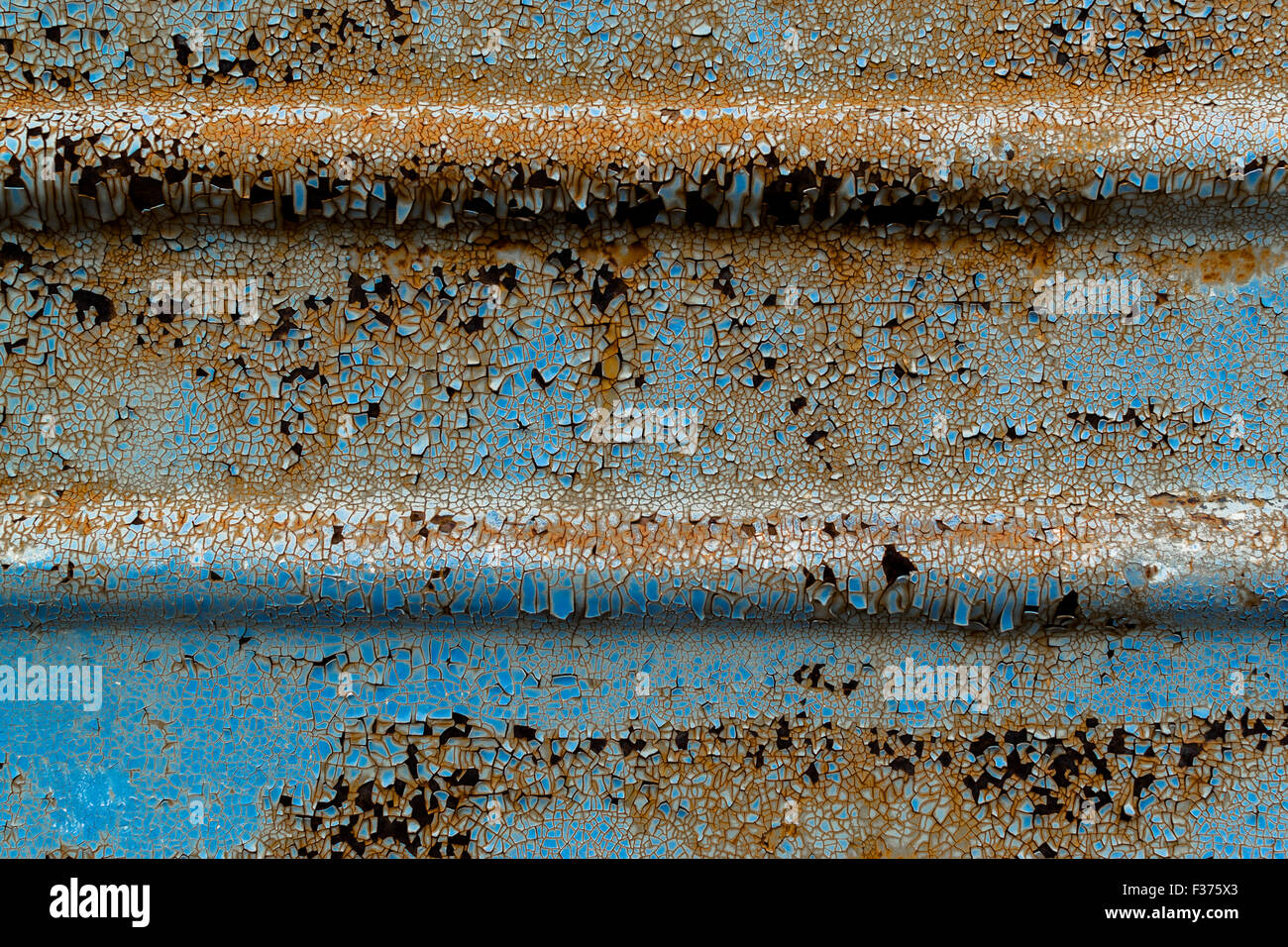 Rust flaking paintwork on old corrugated metal surface in black and ...