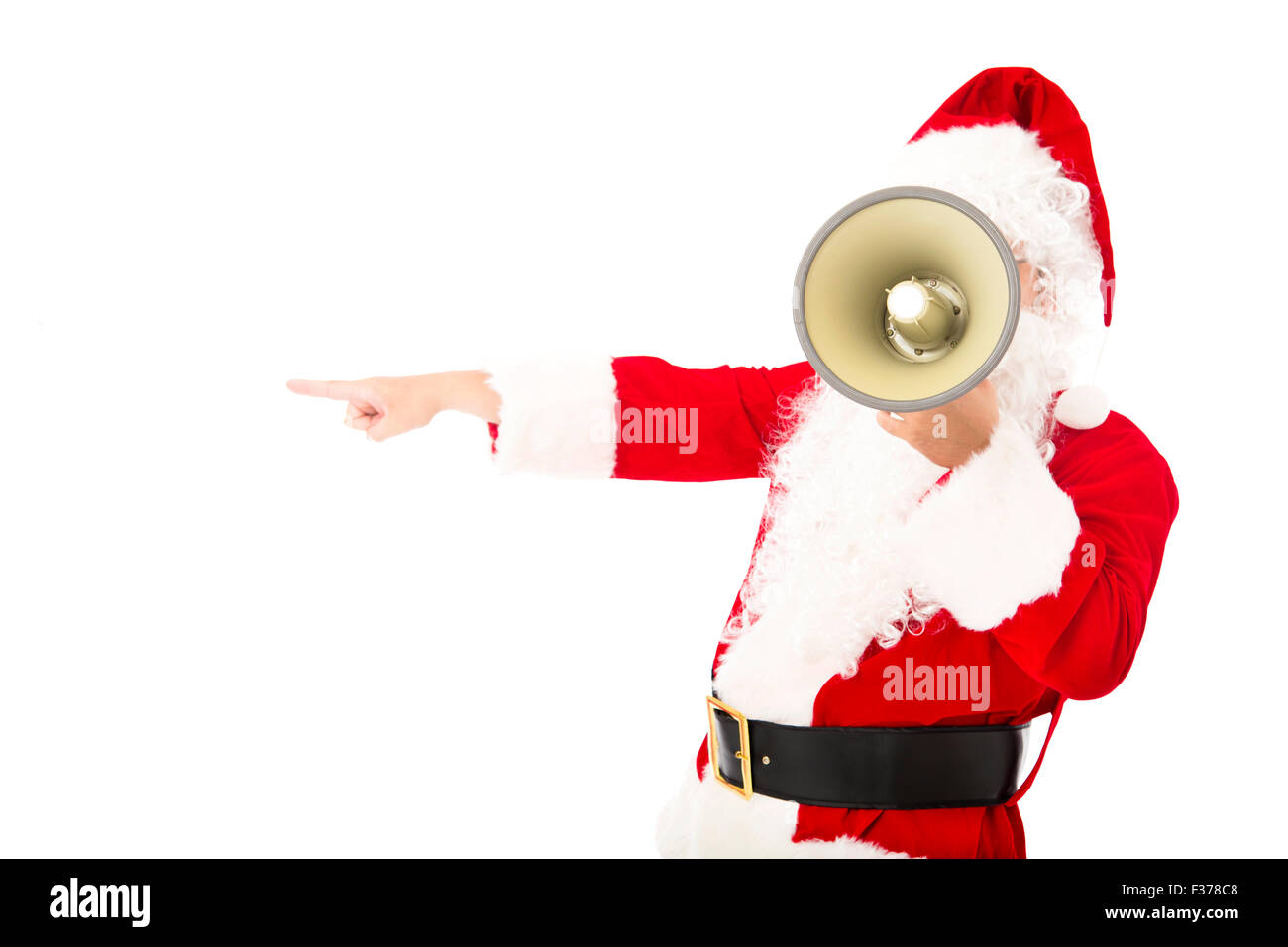 Santa Claus holding megaphone and pointing gesture Stock Photo - Alamy