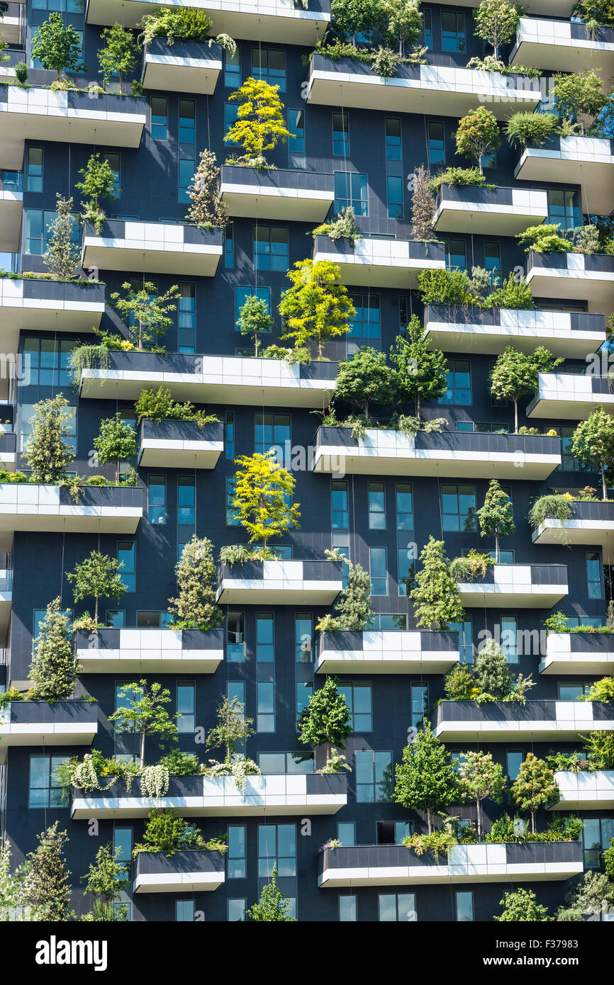 Detail view of facade and vegetation. Vertical Forest, Milan, Italy ...