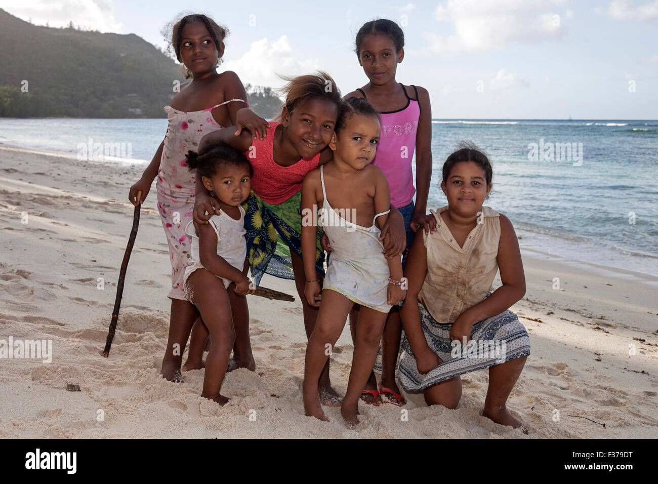 Native girls on the beach, Anse La Blague, Praslin Island, Seychelles ...