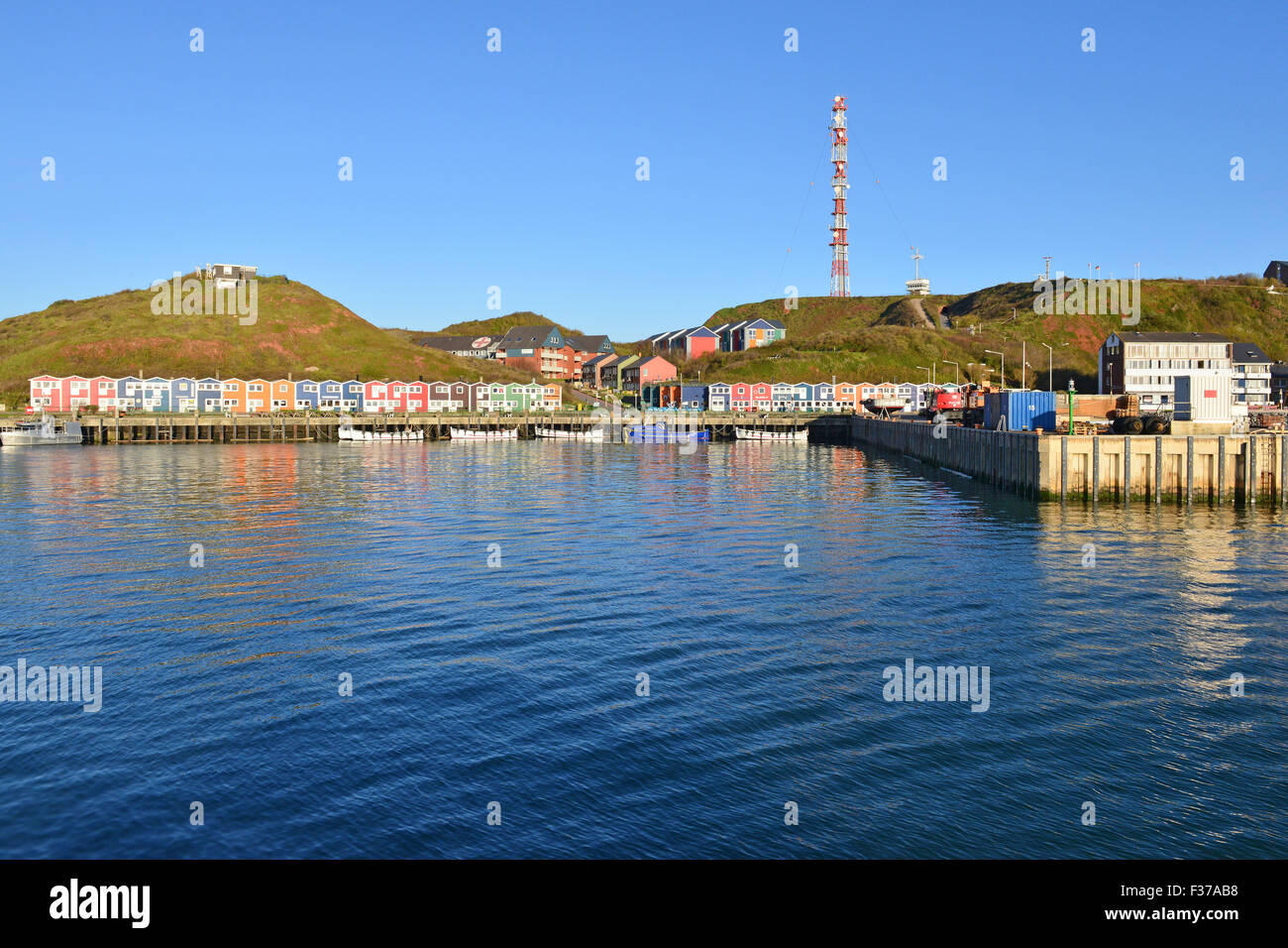 Inland port with lobster shacks and transmission tower, Heligoland ...