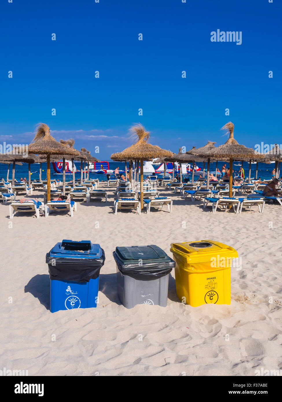 Recycling, trash cans on the beach, Magaluf, Majorca, Balearic Islands ...