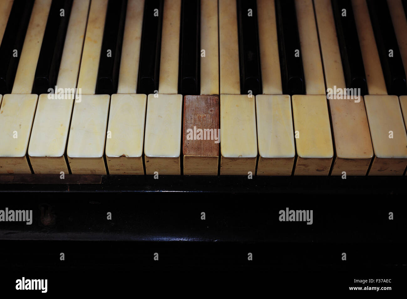 Closeup of black and white piano keys and wood grain with vintage sepia ...