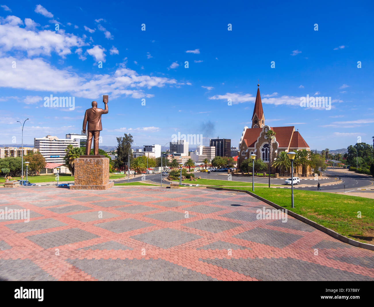 Statue of Dr. Sam Nujoma with Church of Christ, Windhoek, Namibia Stock ...