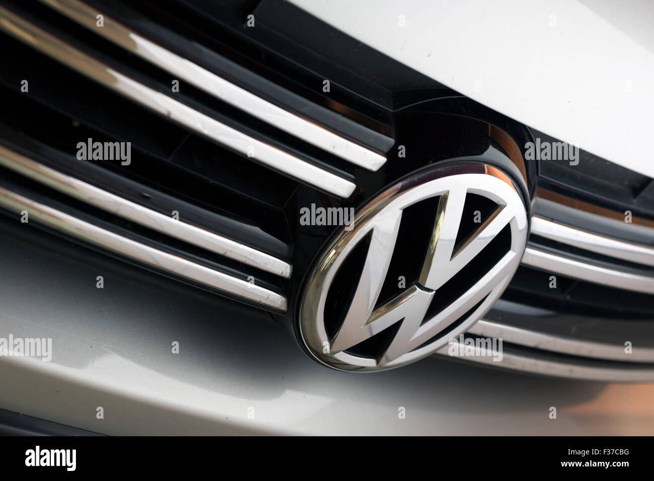 MADRID, SPAIN - SEPTEMBER 28, 2015: Logo of a Volkswagen Tiguan TDI ...