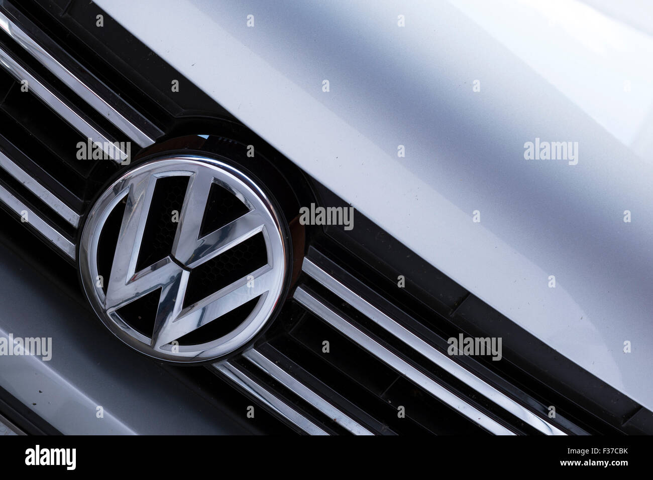 MADRID, SPAIN - SEPTEMBER 28, 2015: Logo of a Volkswagen Tiguan TDI ...