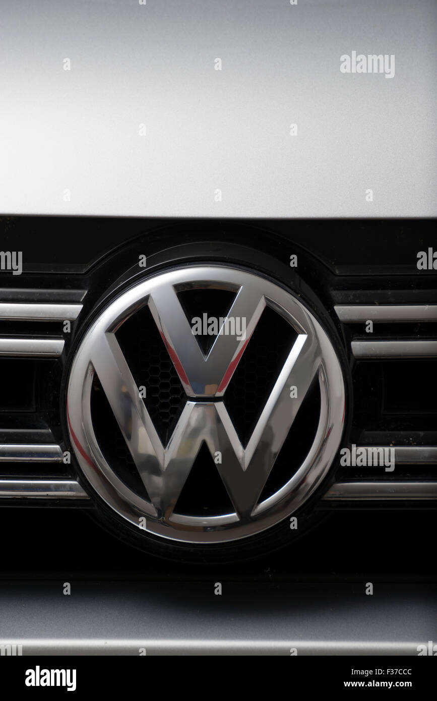 MADRID, SPAIN - SEPTEMBER 29, 2015: Logo of a Volkswagen Tiguan TDI ...