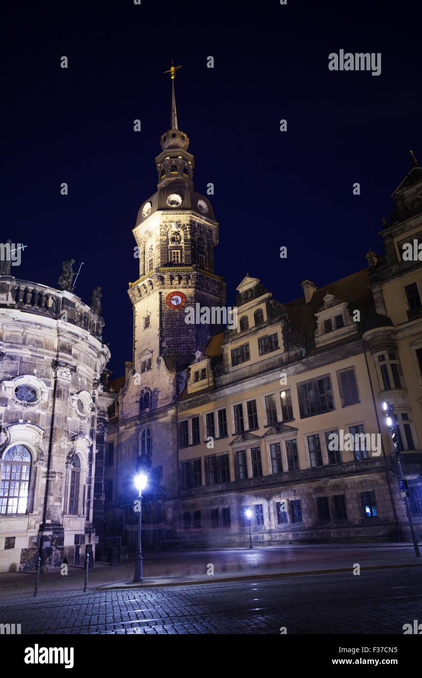 Clock tower in Dresden at night Stock Photo - Alamy