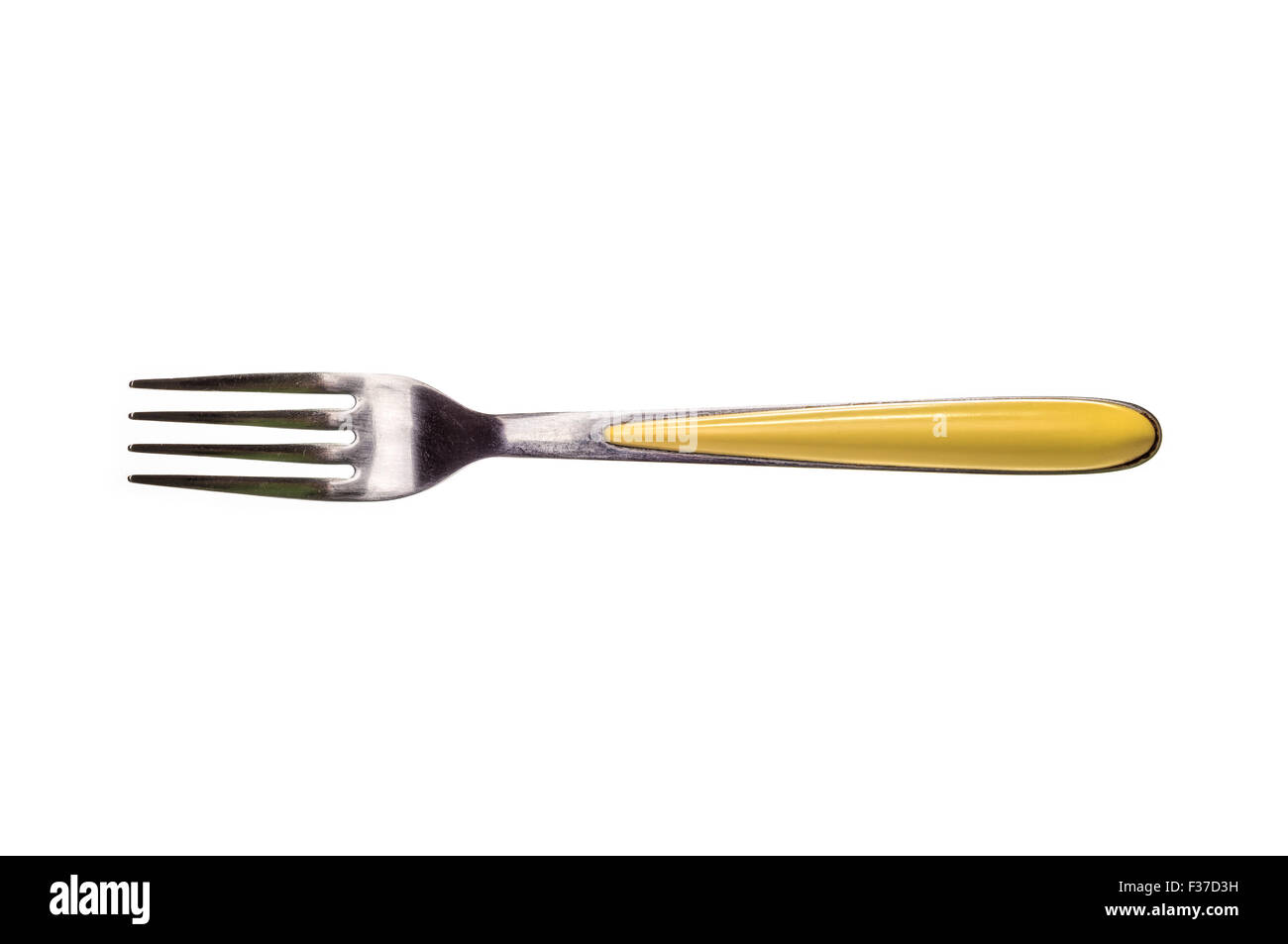 A metallic stainless inox fork with yellow handle isolated on white ...