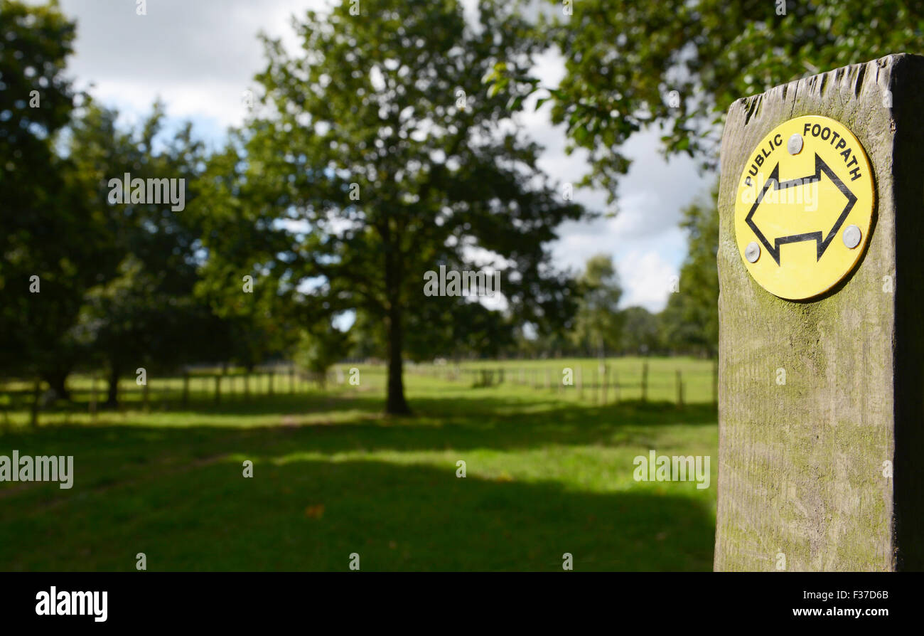 Public footpath sign points into a green field with tall trees casting ...