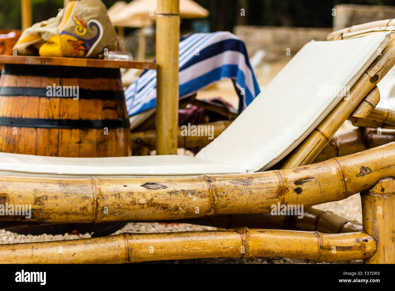 Beach chair and umbrella on sand beach. Concept for rest, relaxation ...