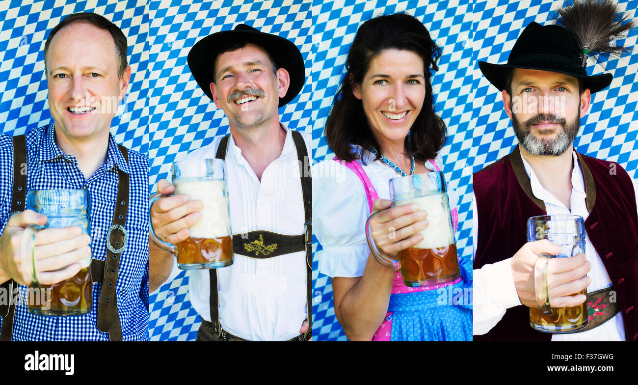 multiple faces of people in traditional bavarian clothes holding beer ...