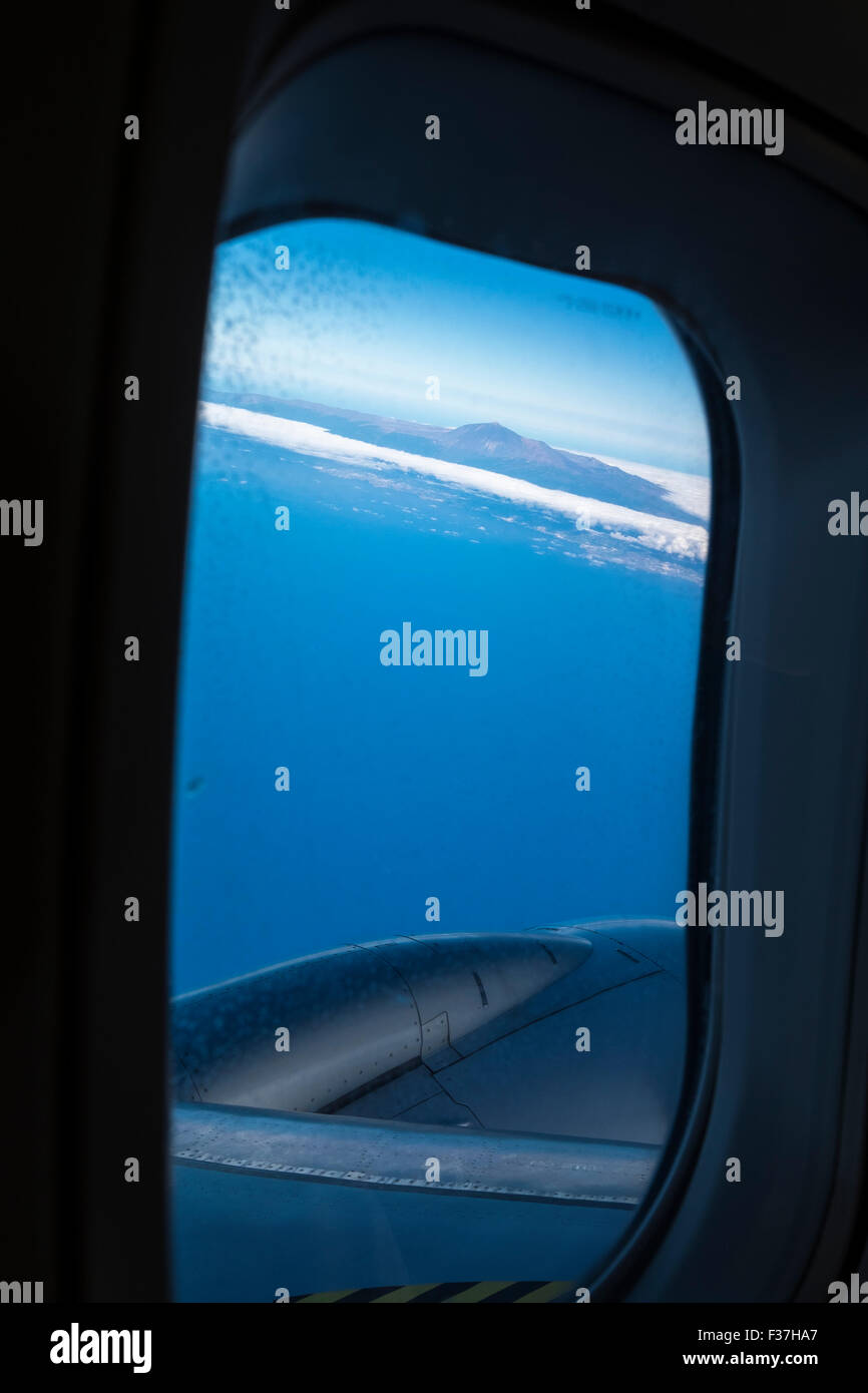 View of Teide volcano through the window of a Ryanair flight into ...