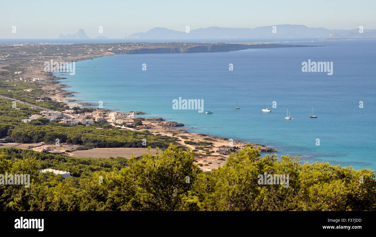 Panoramic view of Es Caló and north Formentera coastline with Ibiza and ...
