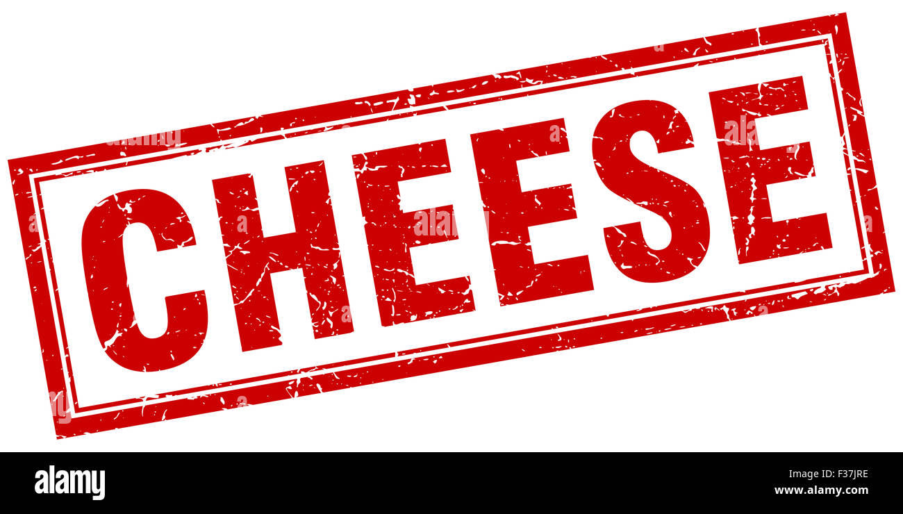 cheese red square grunge stamp on white Stock Photo - Alamy