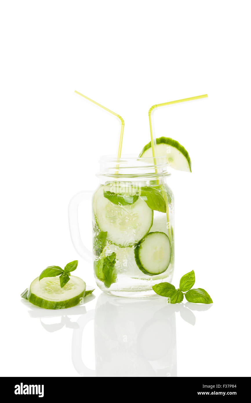 Cucumber lemonade isolated on white background. Healthy summer drink ...