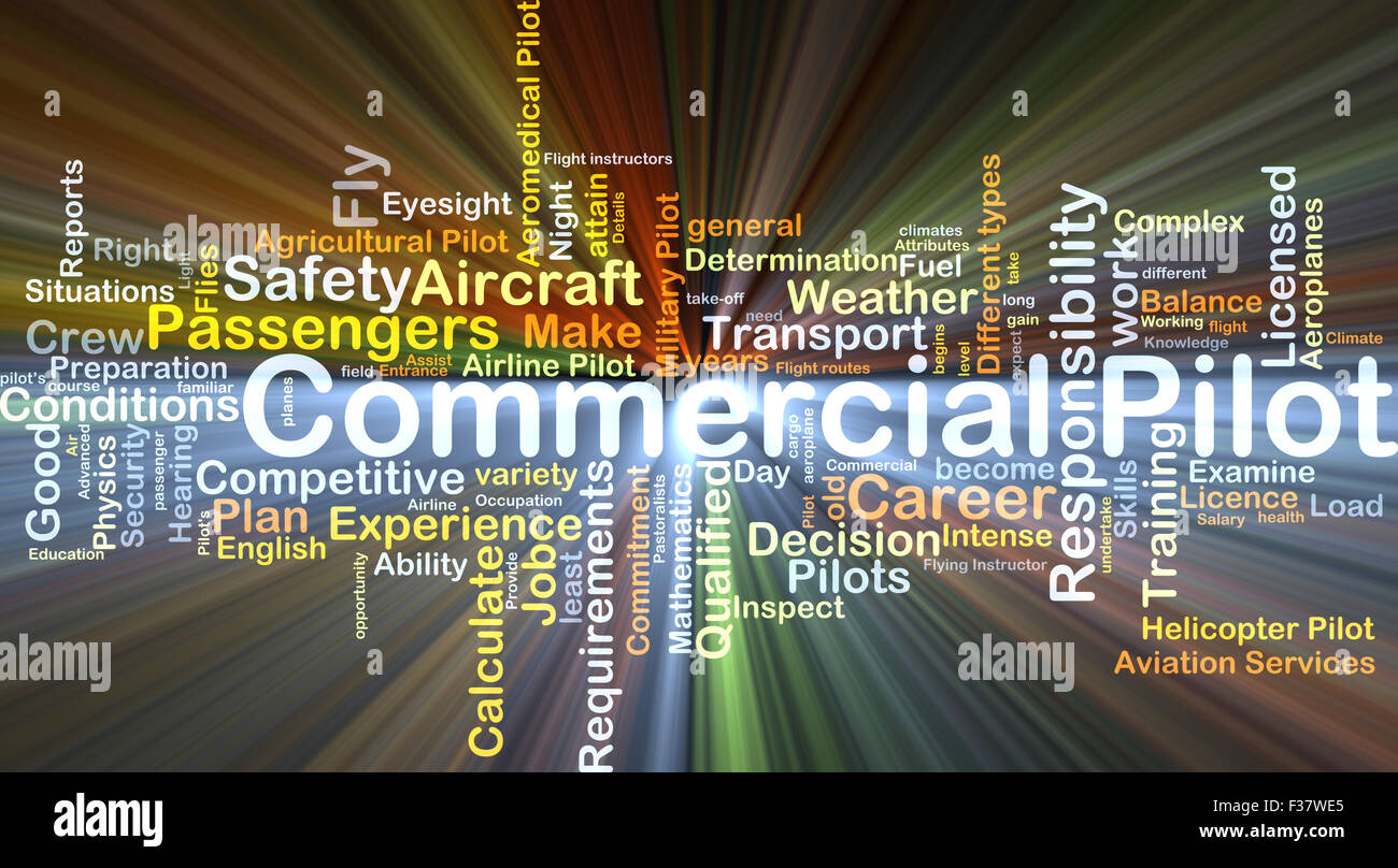 Background concept wordcloud illustration of commercial pilot glowing ...