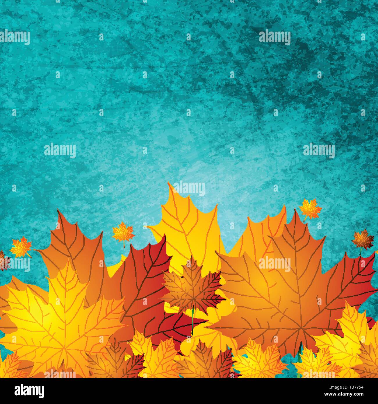 Autumn maple leaves on turquoise grunge wall texture. Vector card ...