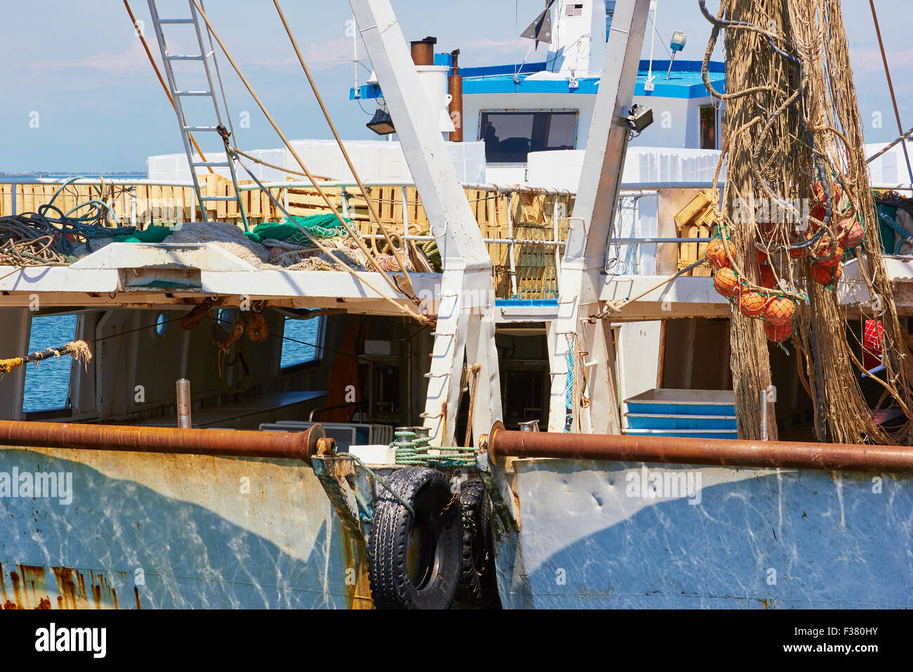 Nets ropes and equipment on fishing trawlers Chioggia Venetian Lagoon ...