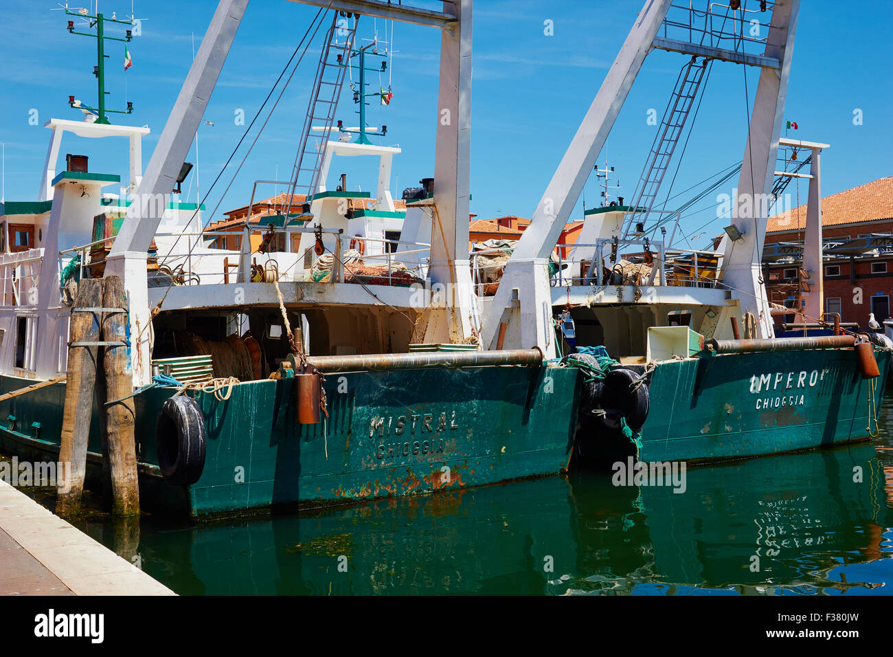 Two Chioggia fishing trawlers moored side by side Venetian Lagoon ...