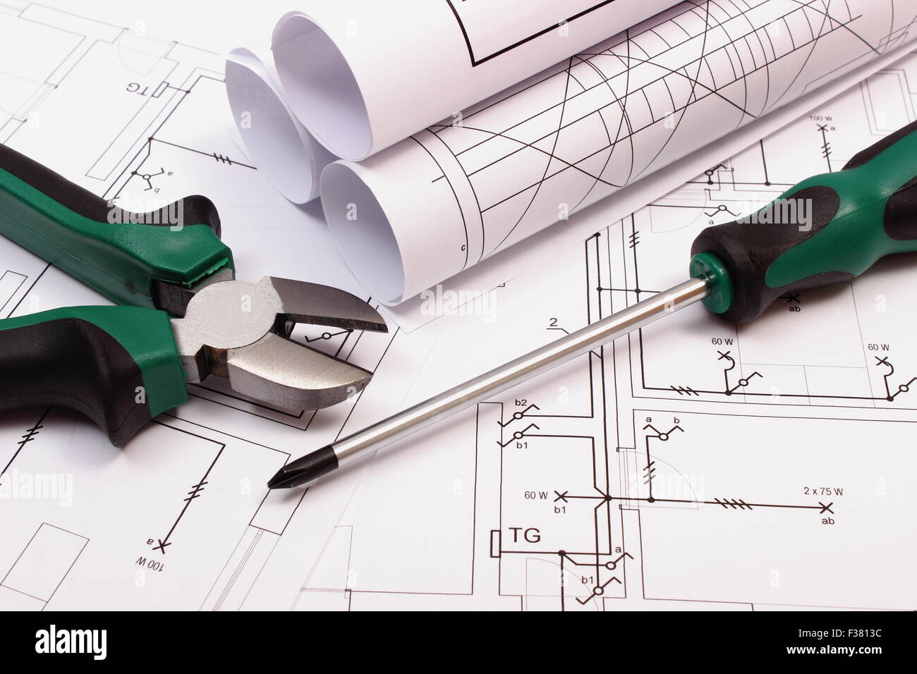 Rolls of diagrams, metal pliers and screwdriver on electrical ...