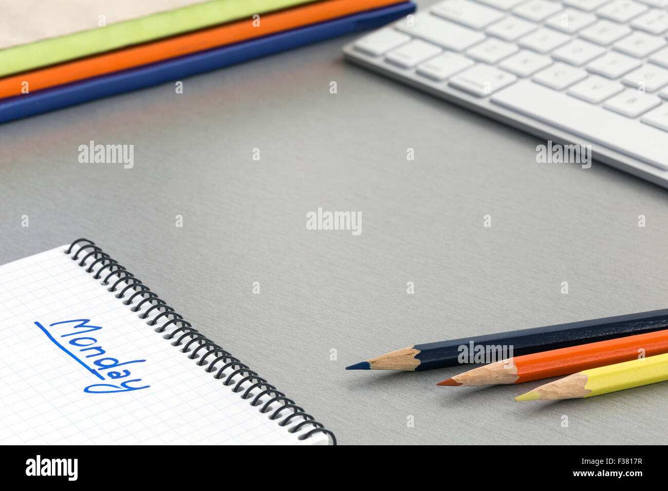 Office working place on grey wooden table Stock Photo - Alamy