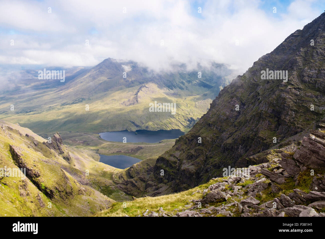 Carrauntoohil mountainside and Hags Glen seen from Beenkeragh ridge in ...