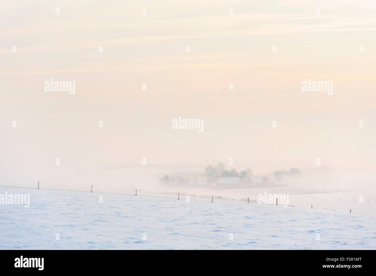 Snow covered farm and meadows in a winter scenery at the Poelberg in ...