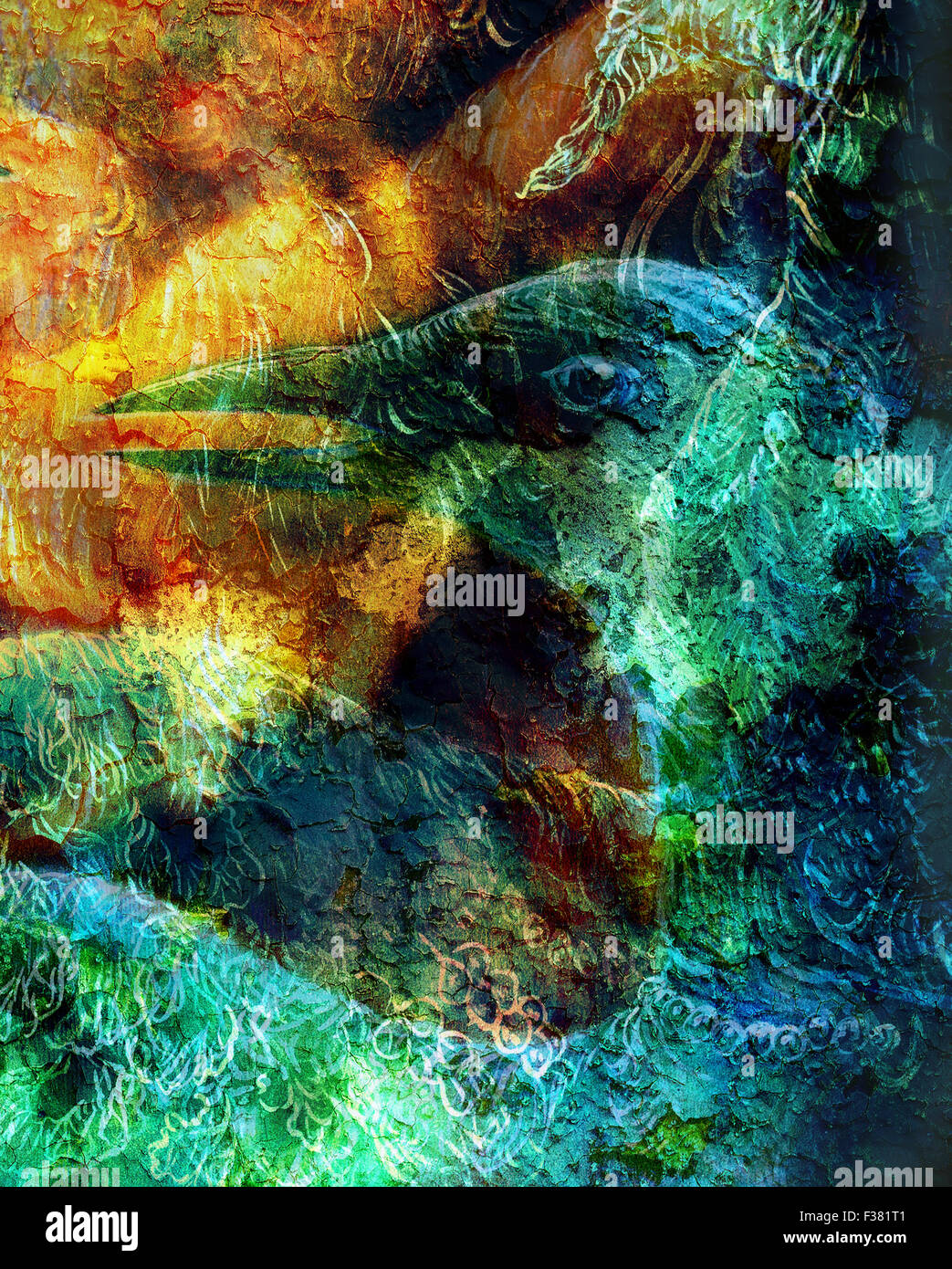 the phoenix bird collage and crackel structure Stock Photo - Alamy