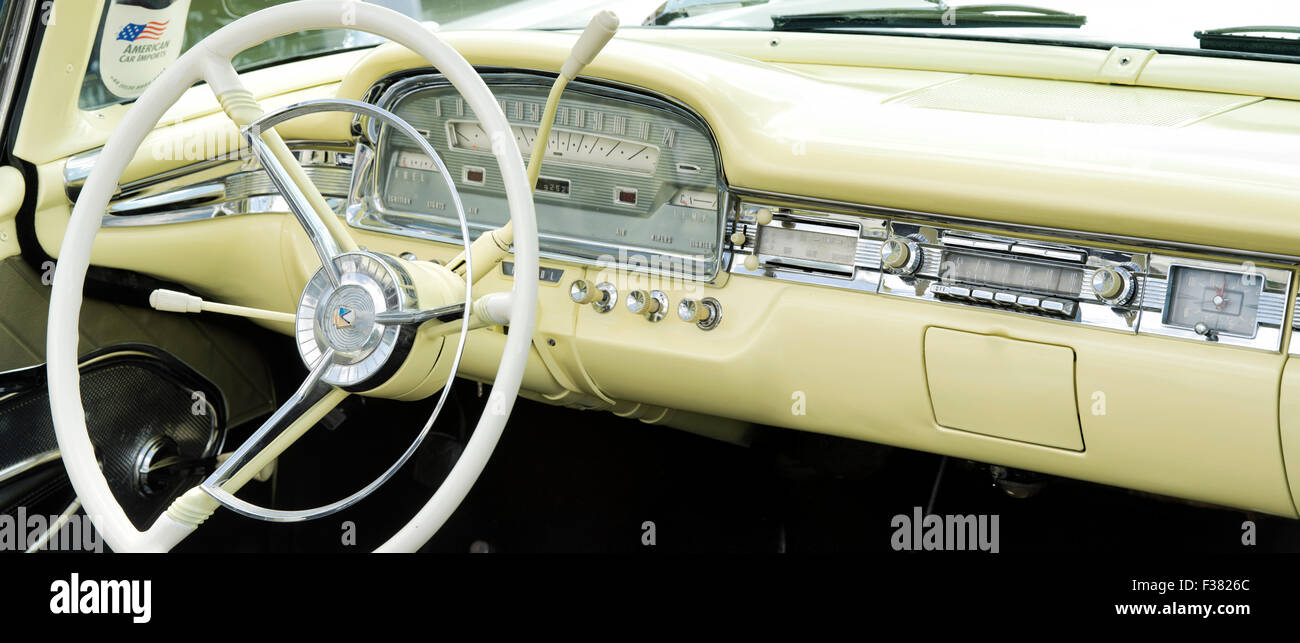 1959 Ford Fairlane 500 interior. 1950s American car. Panoramic Stock ...