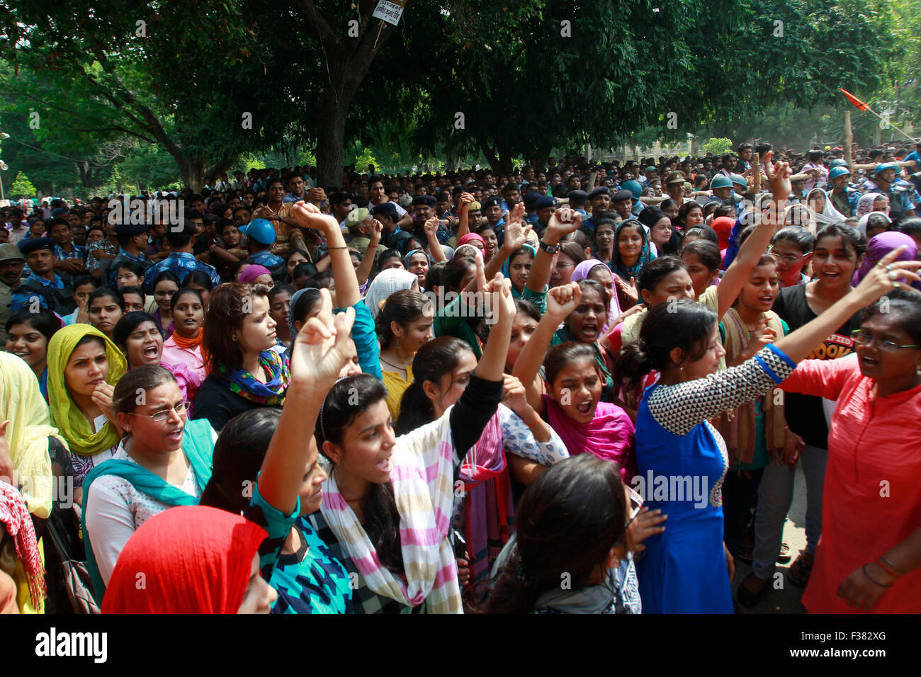 Allahabad, India. 01st Oct, 2015. Students celebrate after Richa Singh ...