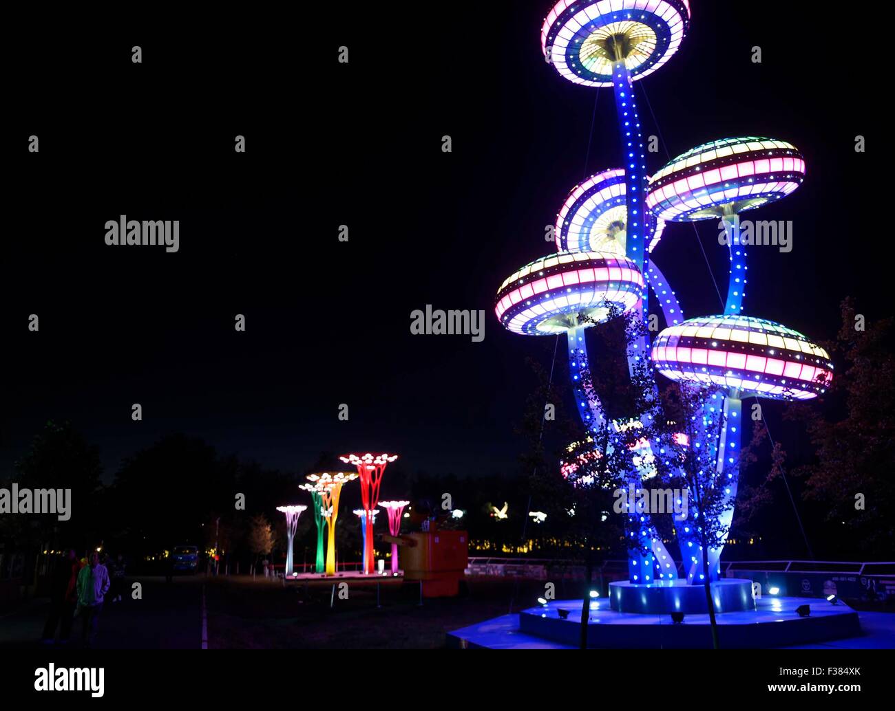 Beijing, China. 1st Oct, 2015. Visitors enjoy a LED light show at ...