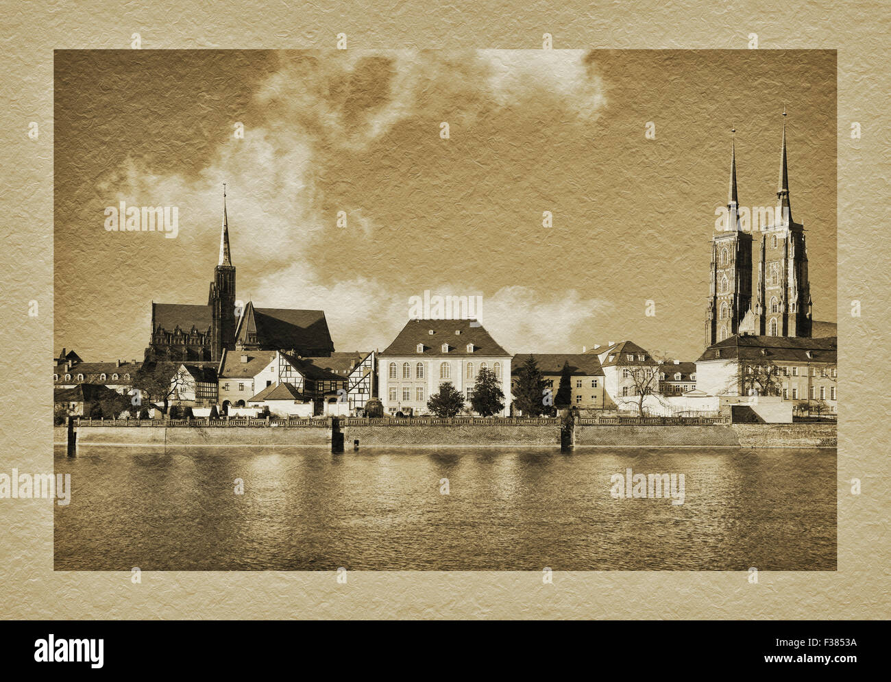 View over the Oder-River to dome island, the Dome and the Church of the ...