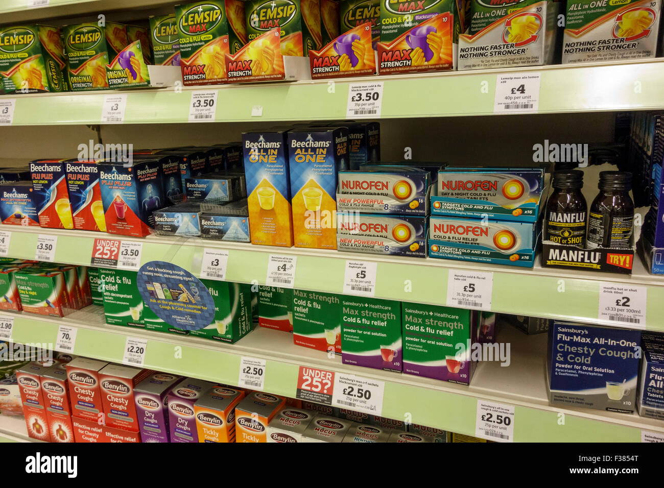 Cold & flu medicines on supermarket shelves, UK Stock Photo - Alamy