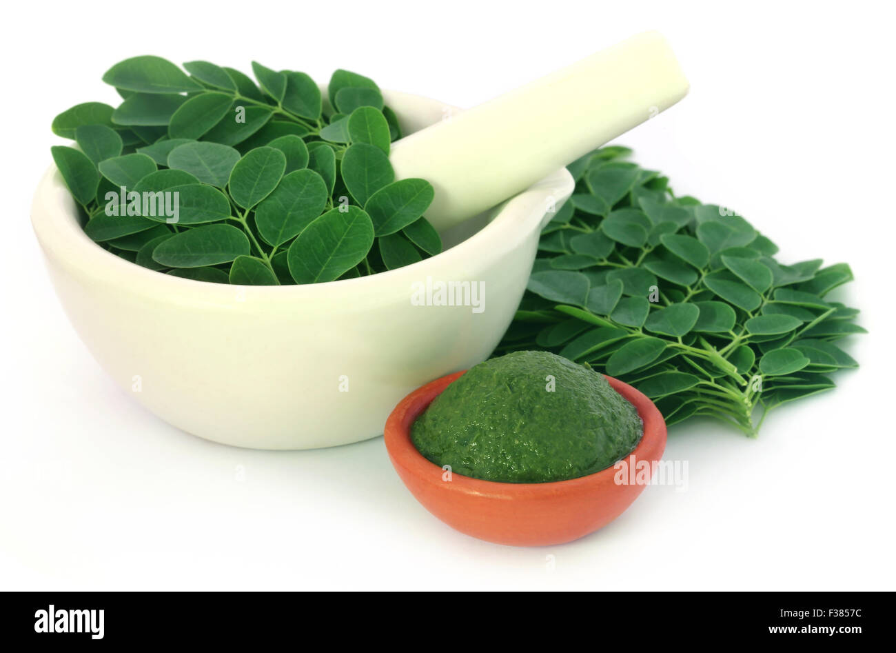 Edible moringa leaves with ground paste over white background Stock ...