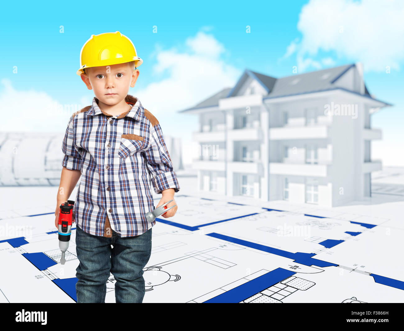 little builder and 3d house background Stock Photo - Alamy