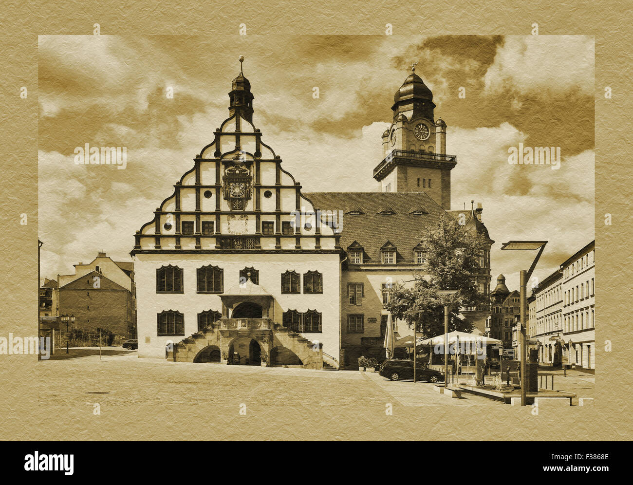View to the old town hall and the tower of the new town hall, Plauen ...