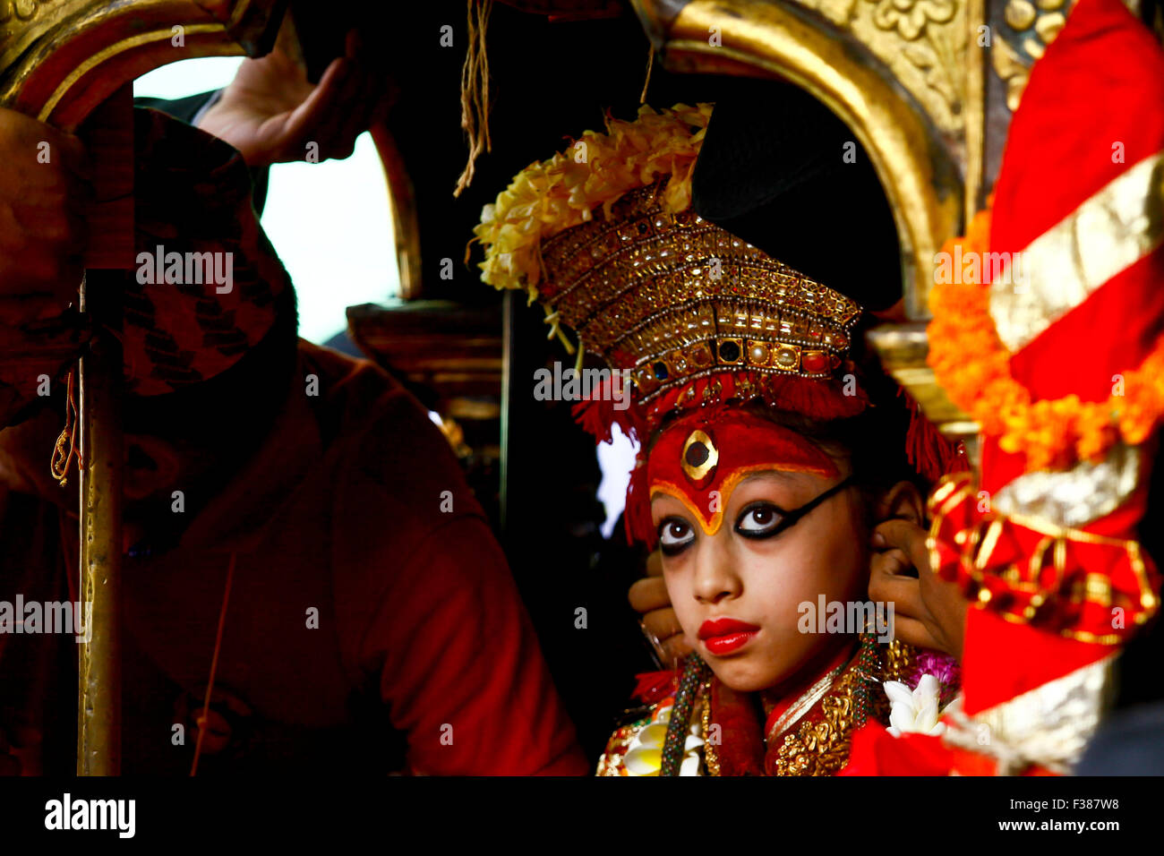 Kathmandu, Nepal. 1st Oct, 2015. Nepalese Living Goddess Kumari sits in ...