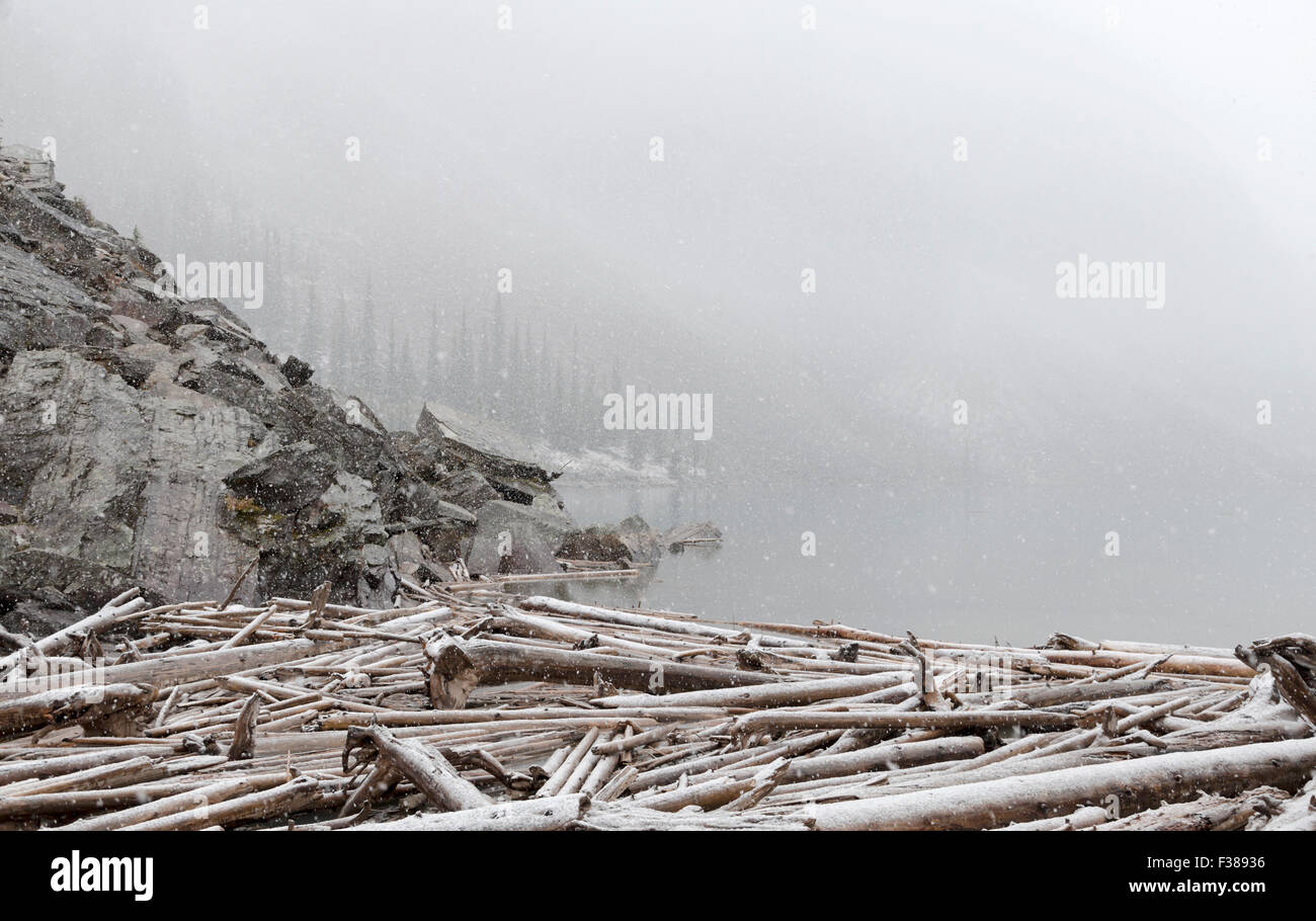 Snow early September at Moraine Lake in the Valley of the Ten Peaks ...