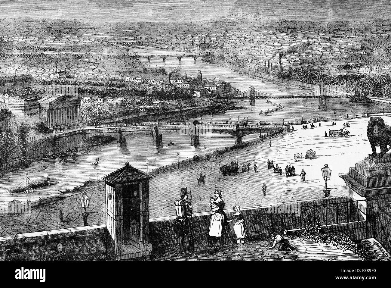 18th Century view of the River Seine as it flows through Paris, France ...